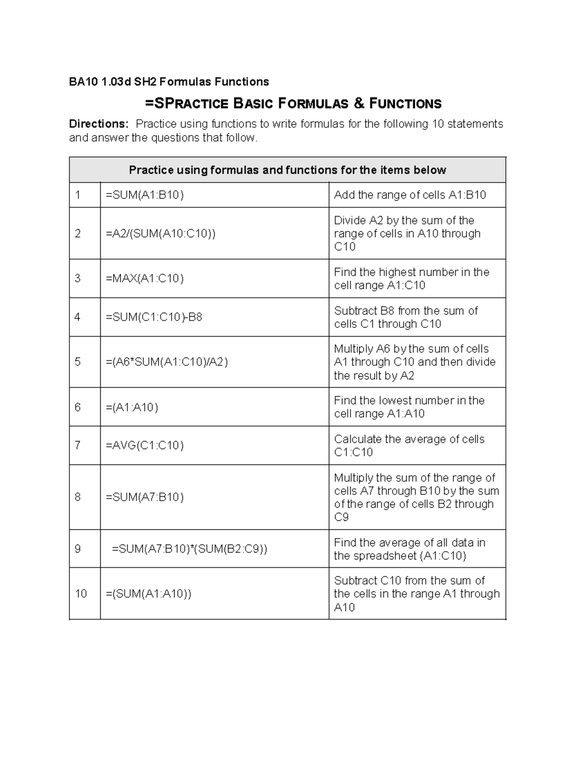 BA10 1 - okok - BA10 1 SH2 Formulas Functions =SPRACTICE BASIC FORMULAS ...