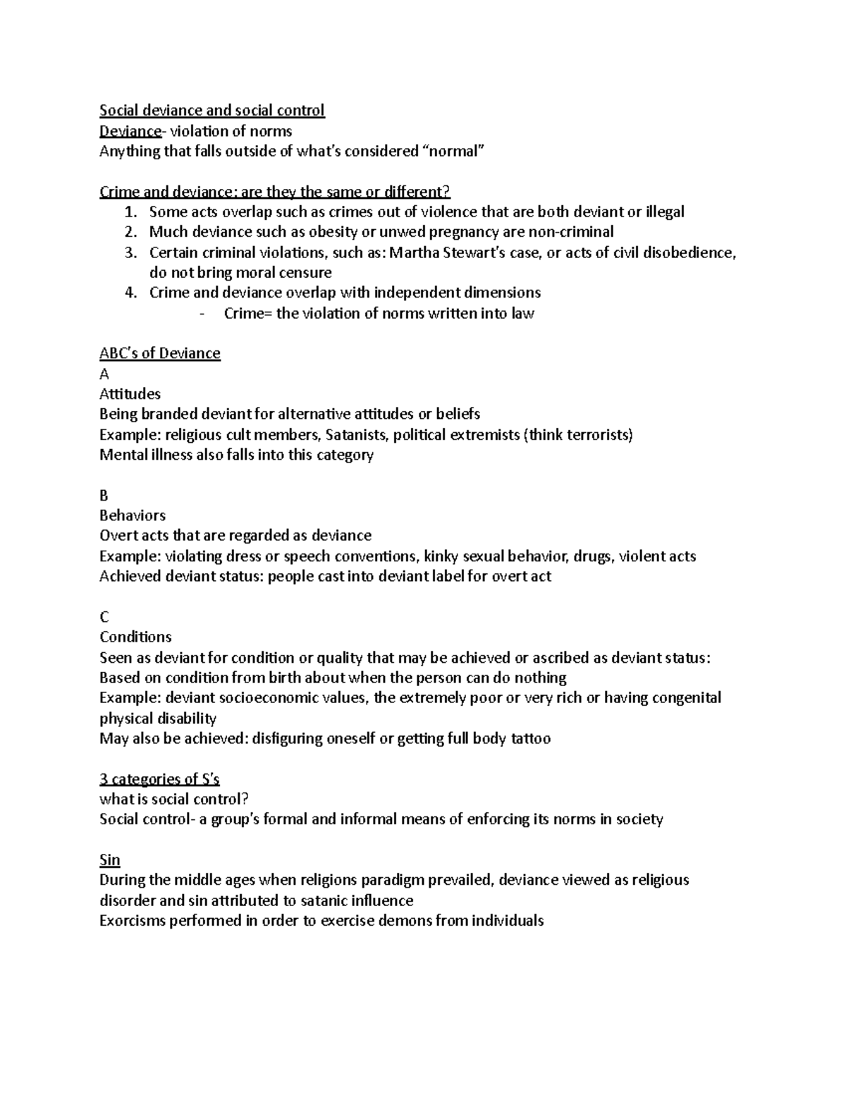 Sociology - Social deviance and social control Deviance- violation of ...