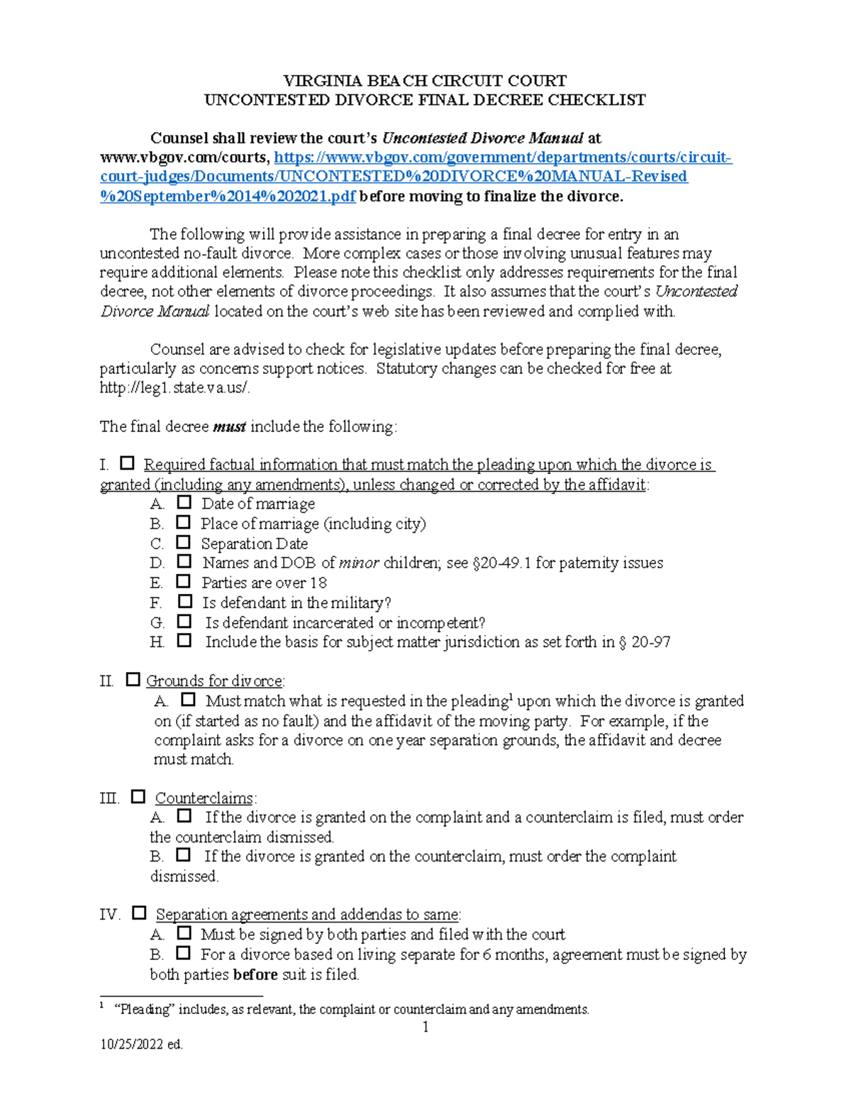 Virginia Beach Circuit Court Uncontested Divorce Final Decree Checklist ...