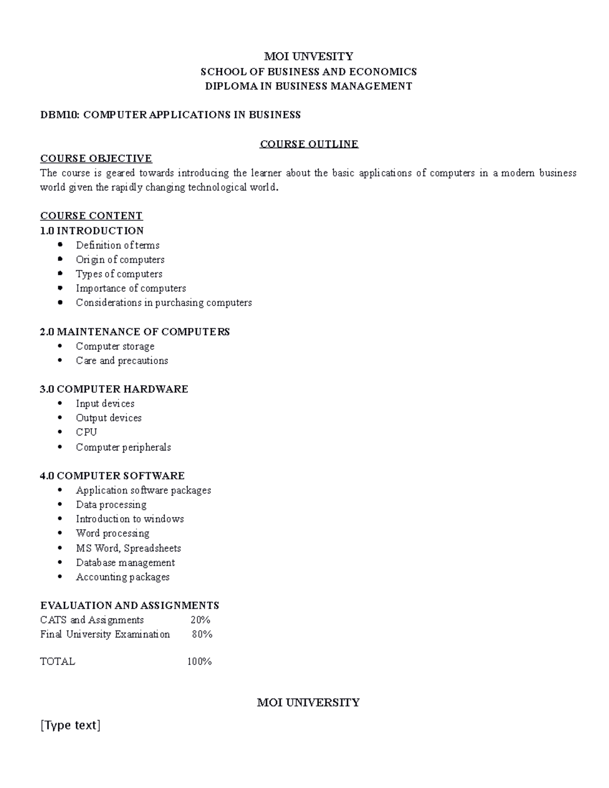 DBM10 Computer Applications Notes - MOI UNVESITY SCHOOL OF BUSINESS AND ...