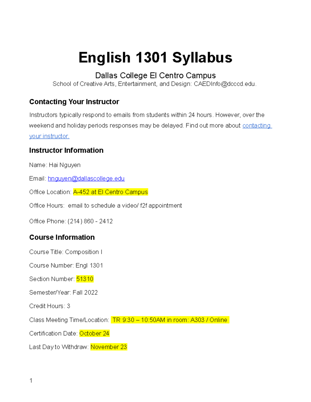 English 1301 51310 FA2022(1) - English 1301 Syllabus Dallas College El ...