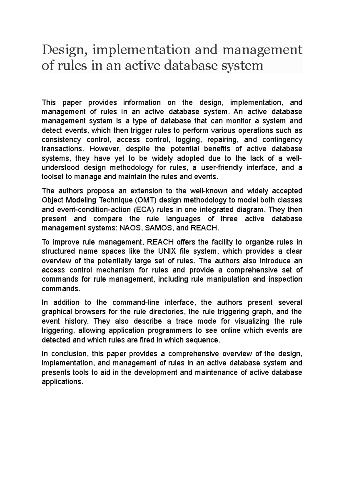 Book Summary - Design, implementation and management of rules in an active database system - Studocu