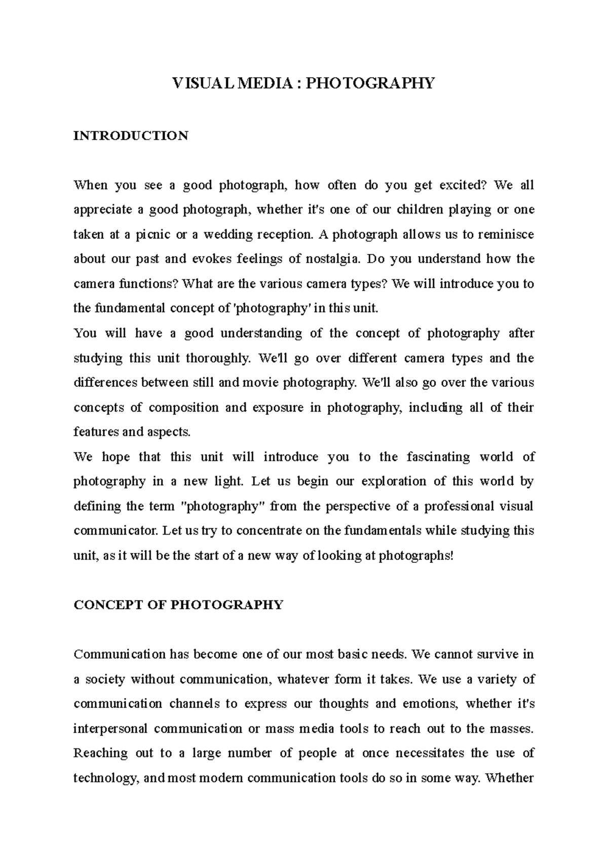 Visual Media - Photography - VISUAL MEDIA : PHOTOGRAPHY INTRODUCTION ...