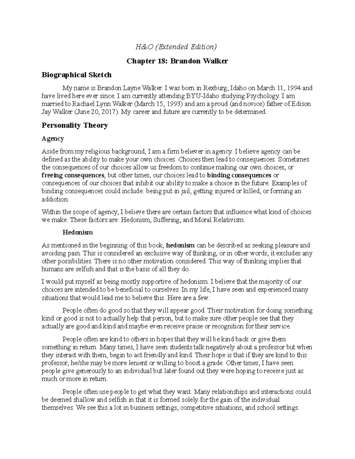 Personality Theory (Final Draft) - H&O (Extended Edition) Chapter 18 ...