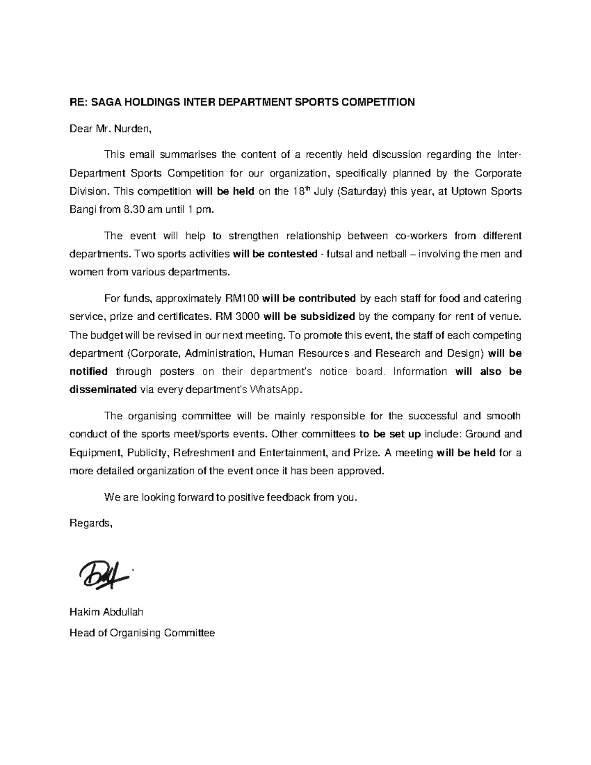 Sample email - RE: SAGA HOLDINGS INTER DEPARTMENT SPORTS COMPETITION ...