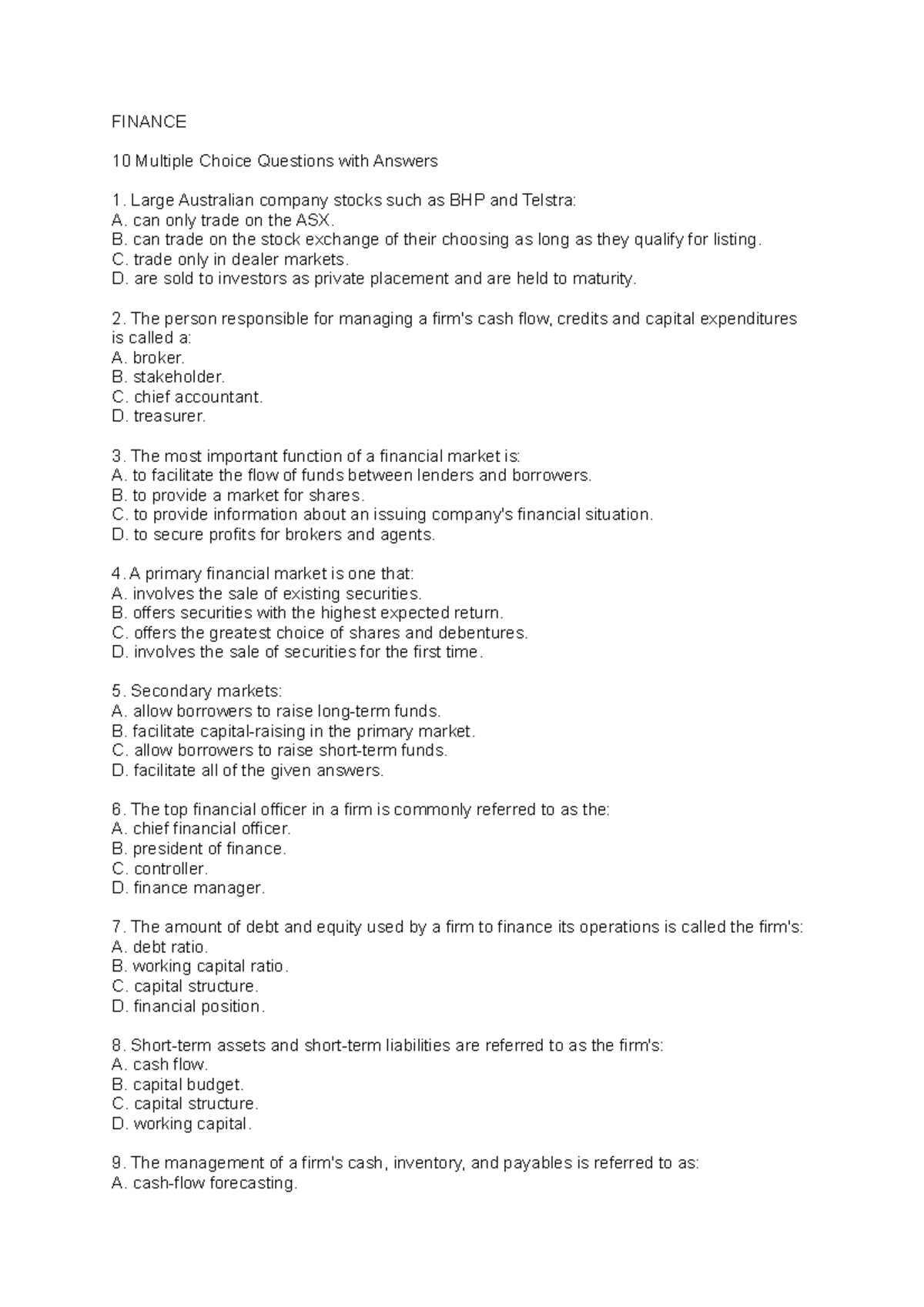 Finance Multiple Choice Questions Lecture 1 FINANCE 10 Multiple