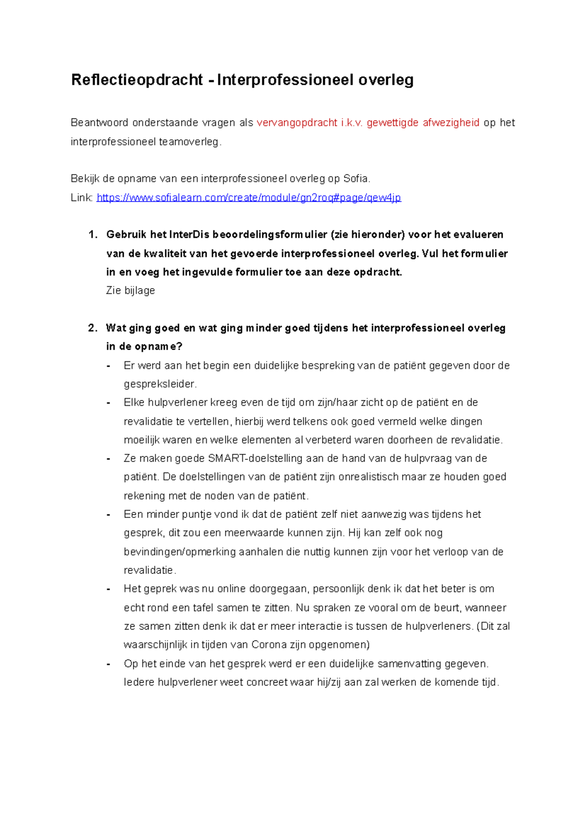 Vervangopdracht Reflectie Interprofessioneel overleg Robbe Van Beers ...