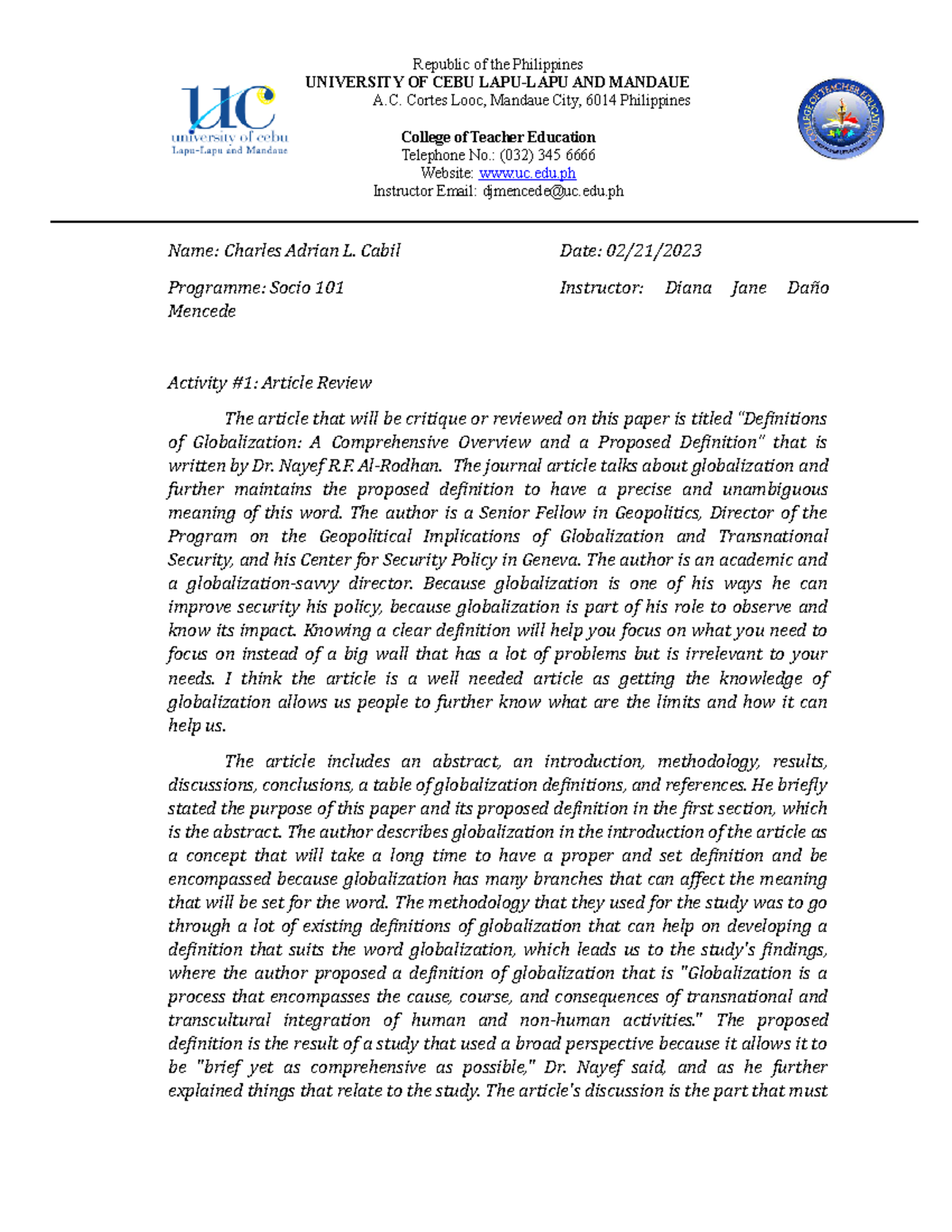 Printables - article review - Republic of the Philippines UNIVERSITY OF ...