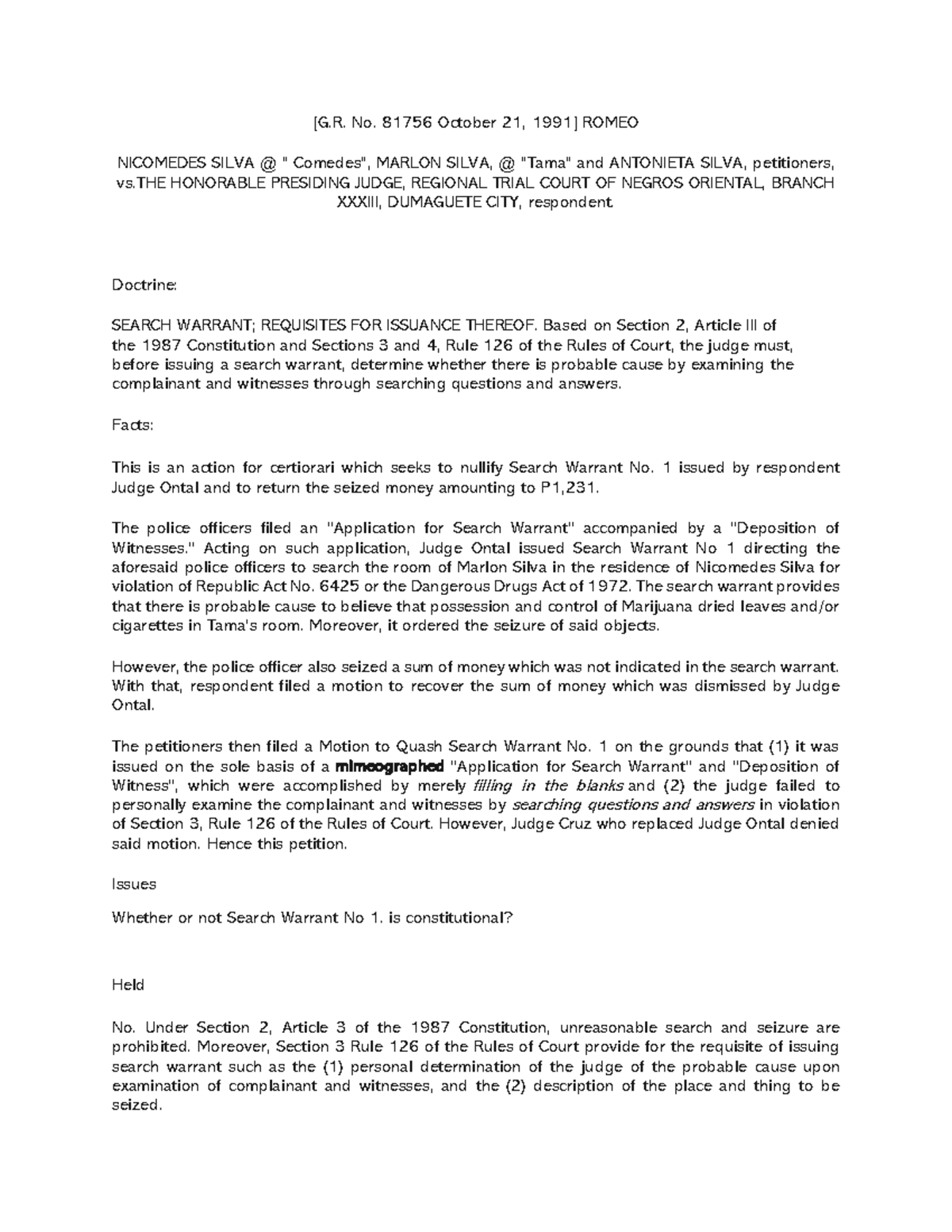 5. Silva VS Presiding Judge RTC Search Warrant Romeo - [G. No. 81756 October 21, 1991] ROMEO ...