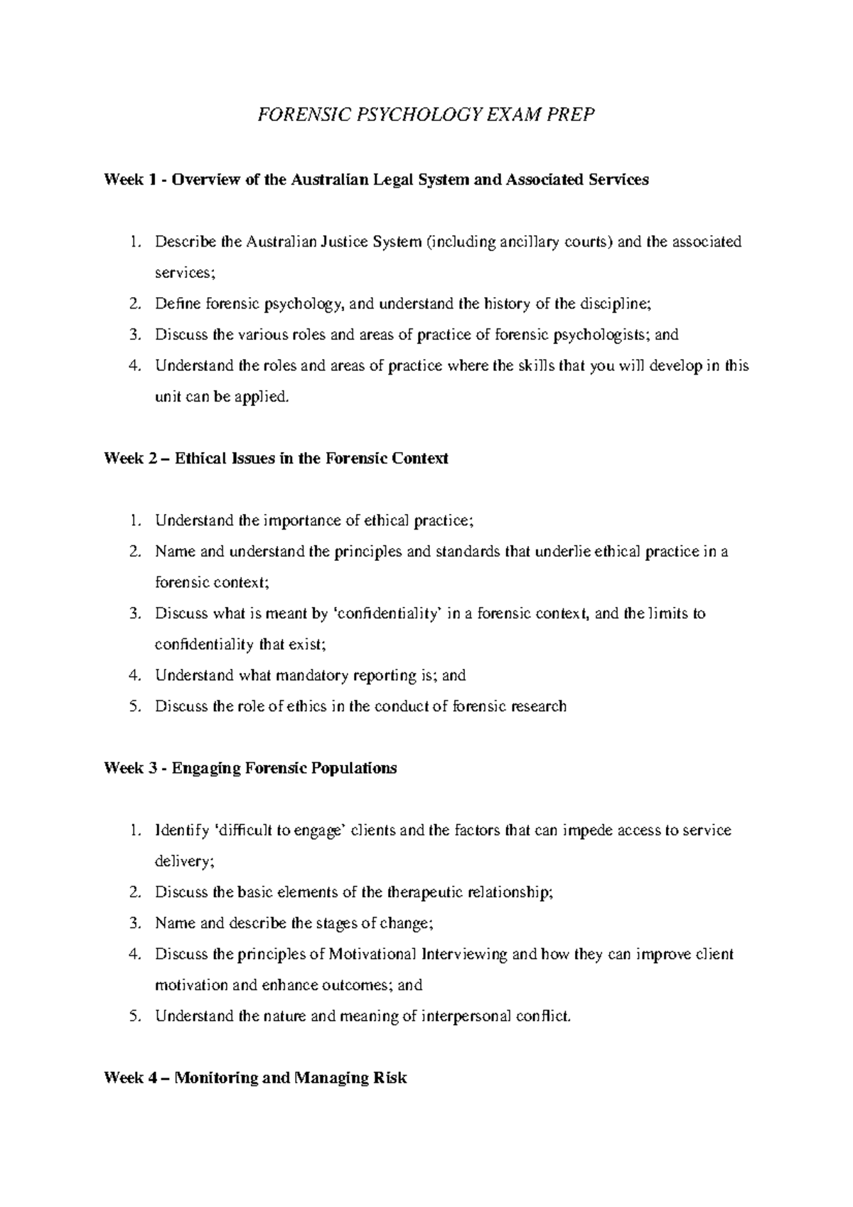 Forensic Psychology EXAM PREP - FORENSIC PSYCHOLOGY EXAM PREP Week 1 ...
