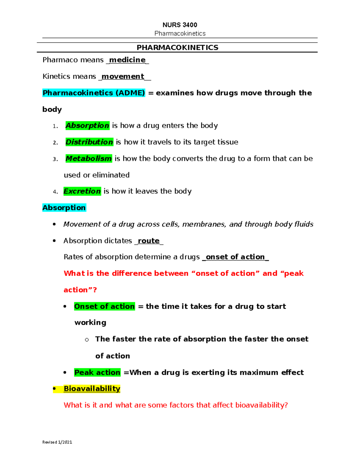 3.2 Pharm kinetics student outline - Pharmacokinetics PHARMACOKINETICS ...
