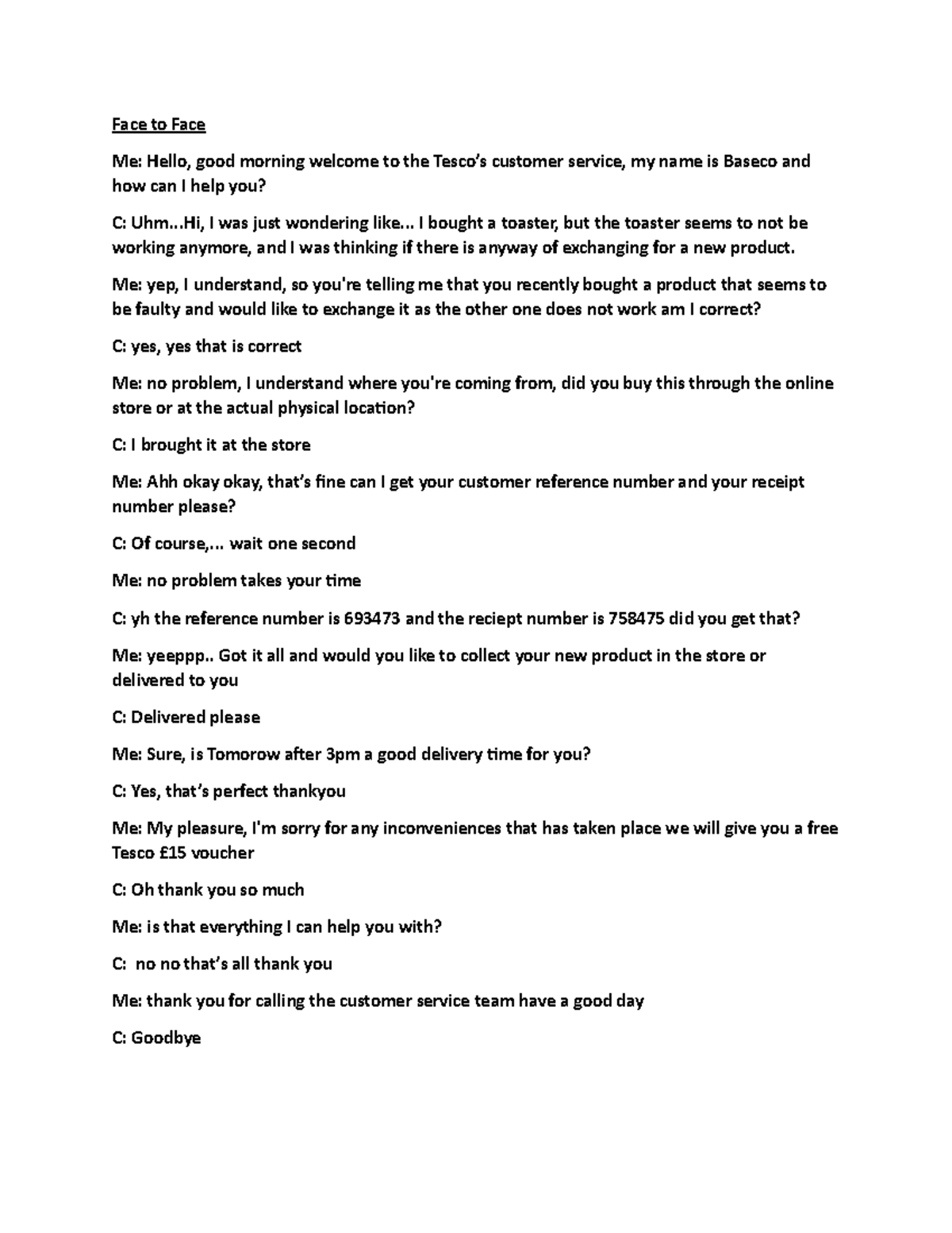 Script 1 about customer service and how yo deal with customers - Face ...