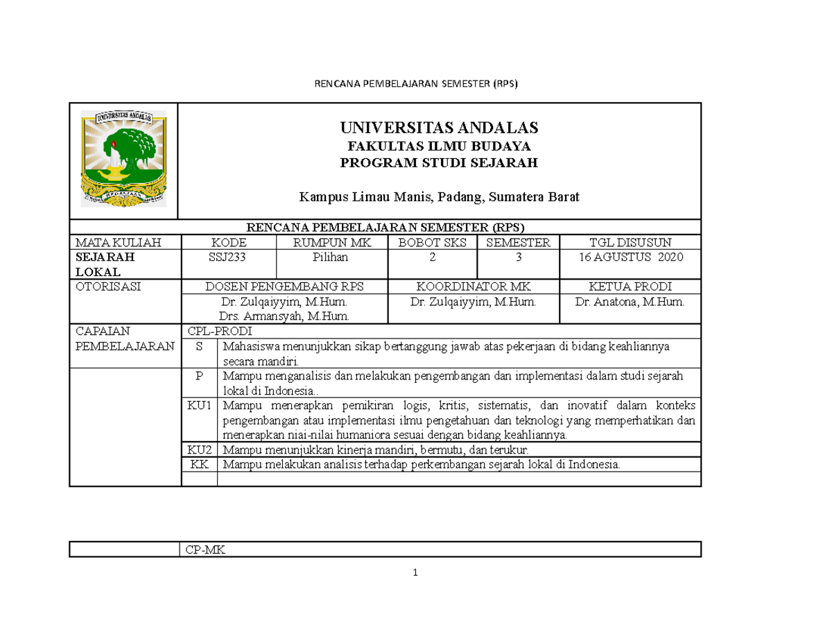 RPS Sejarah Lokal - bahan referensi perkuliahan - RENCANA PEMBELAJARAN ...