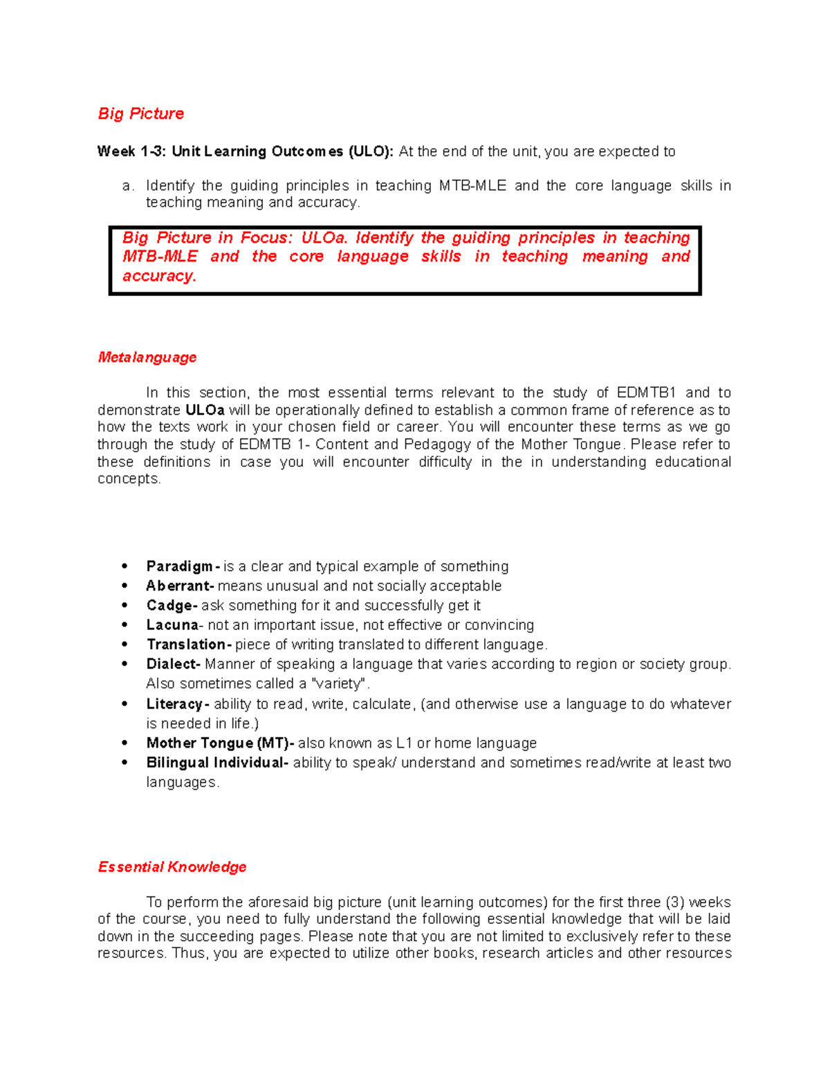 Week 1-3 - Module Week1-3 - Big Picture Week 1-3: Unit Learning ...