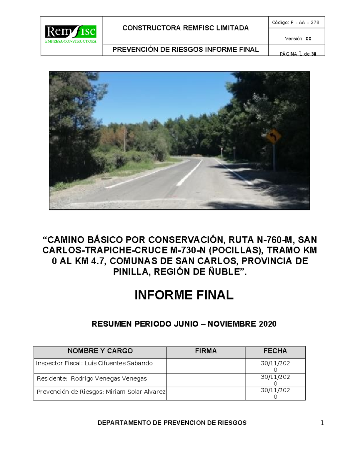 Informe Final Trapiche - DEPARTAMENTO DE PREVENCION DE RIESGOS 1 CONSTRUCTORA REMFISC LIMITADA ...
