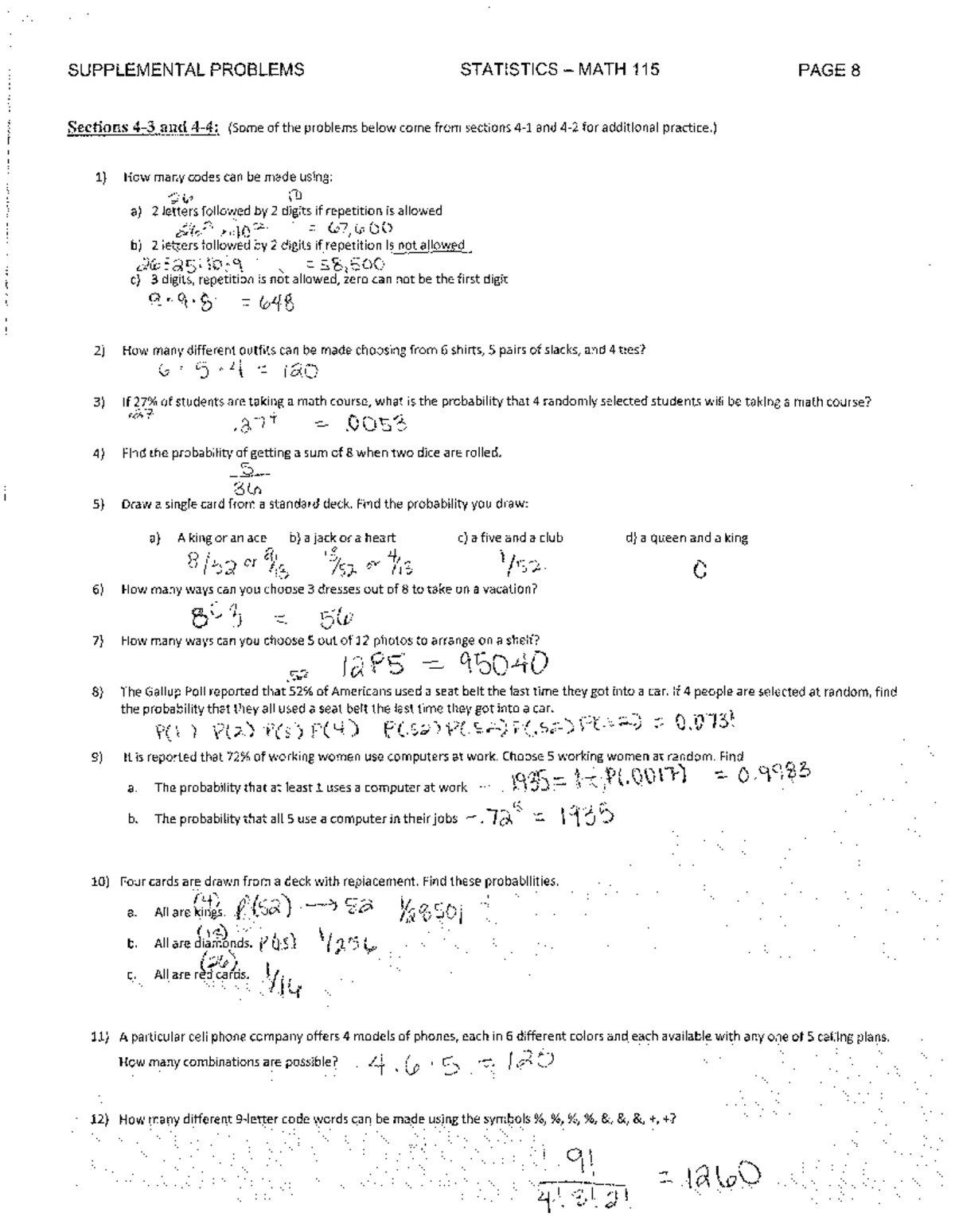 Ch4 Supplemental Problems - SUPPLEMENTAL PROBLEMS STATISTICS MATH 115 PAGE 8 Sections and (Some ...