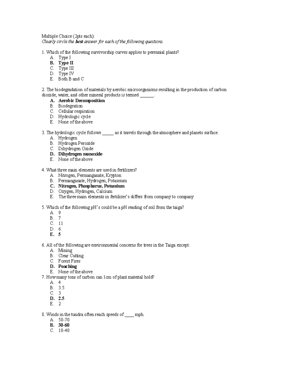 Practice 1 Ecology Test- Answers - Multiple Choice (2pts each): Clearly ...