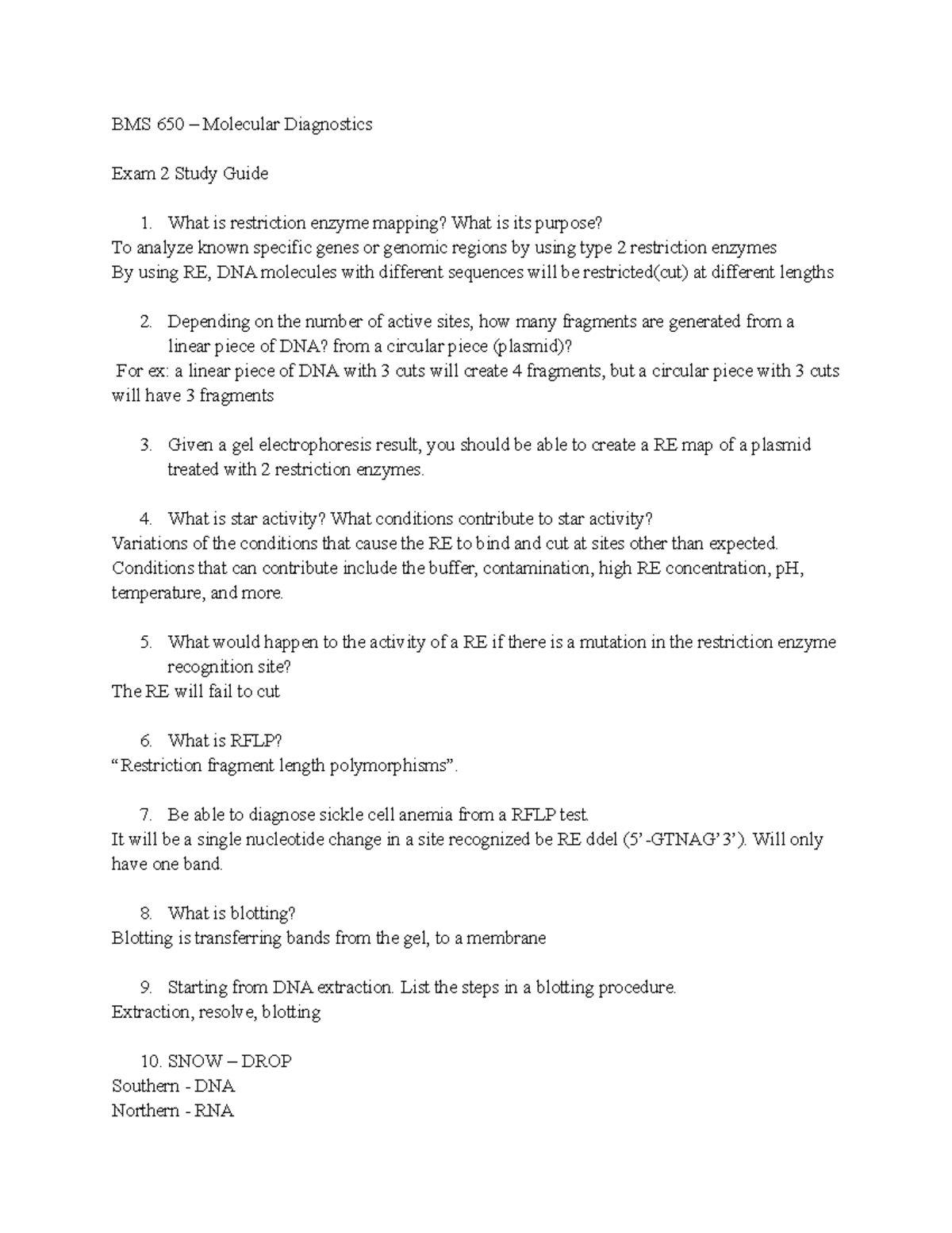 Exam 2 study guide - BMS 650 – Molecular Diagnostics Exam 2 Study Guide ...