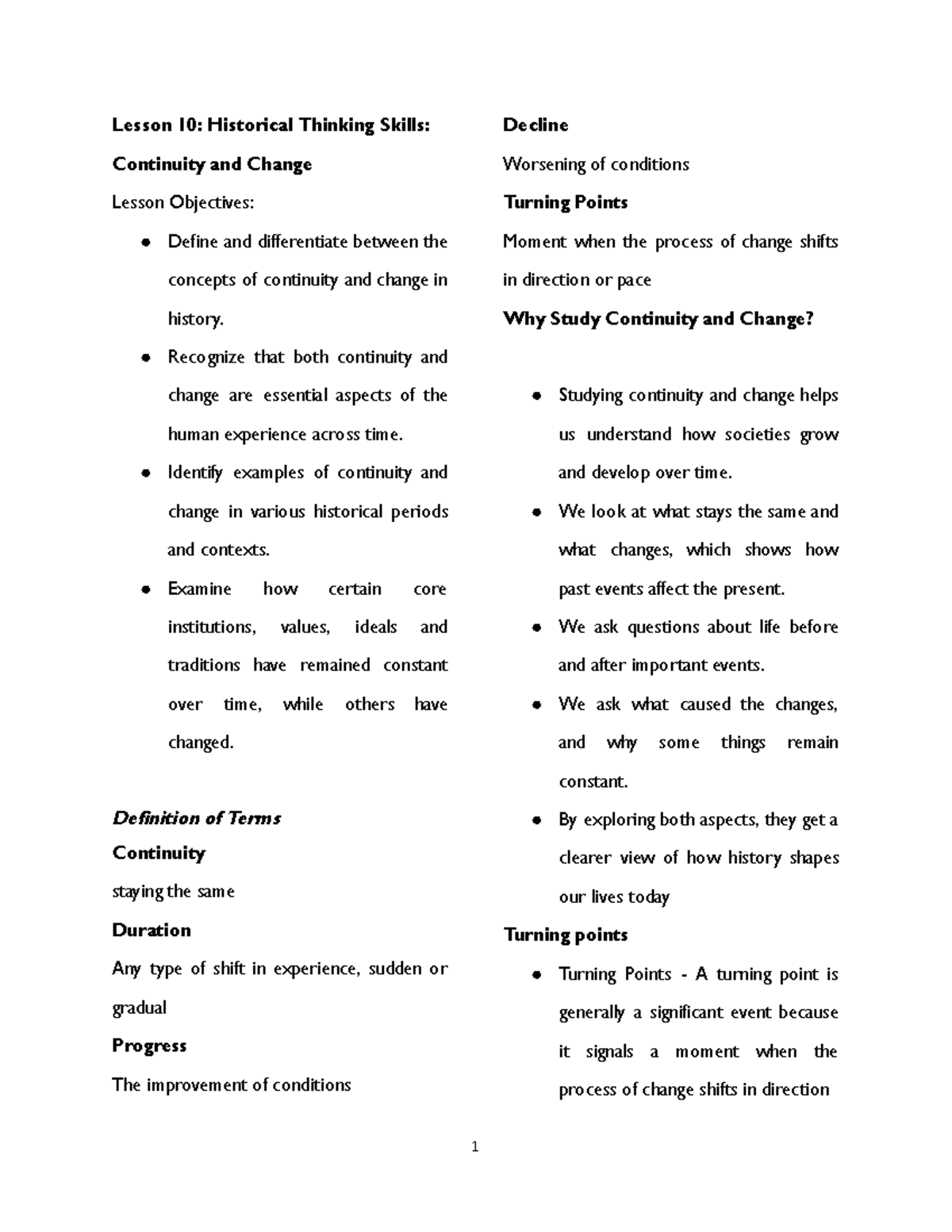 Lecture Notes 10 Historical Thinking Skills Continuity and Change ...