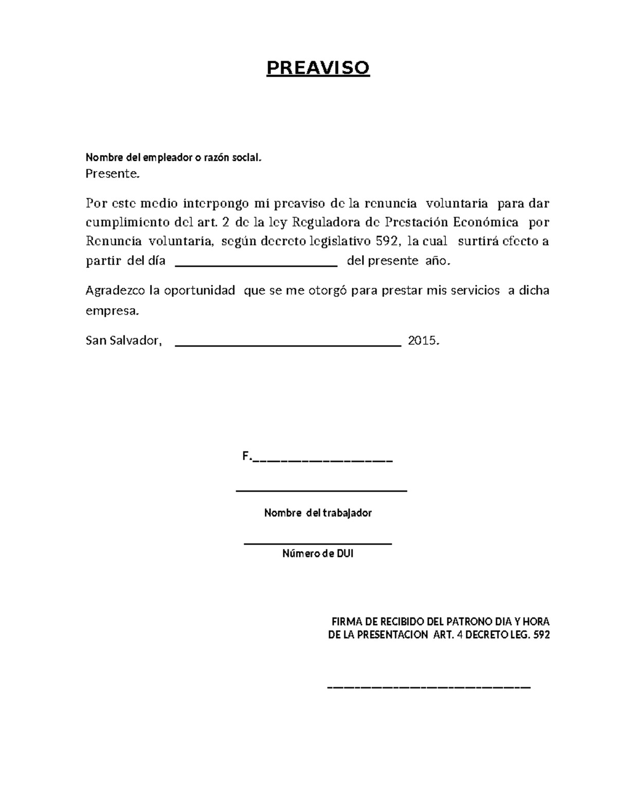 Formato preaviso renuncia voluntaria - PREAVISO Nombre del empleador o ...