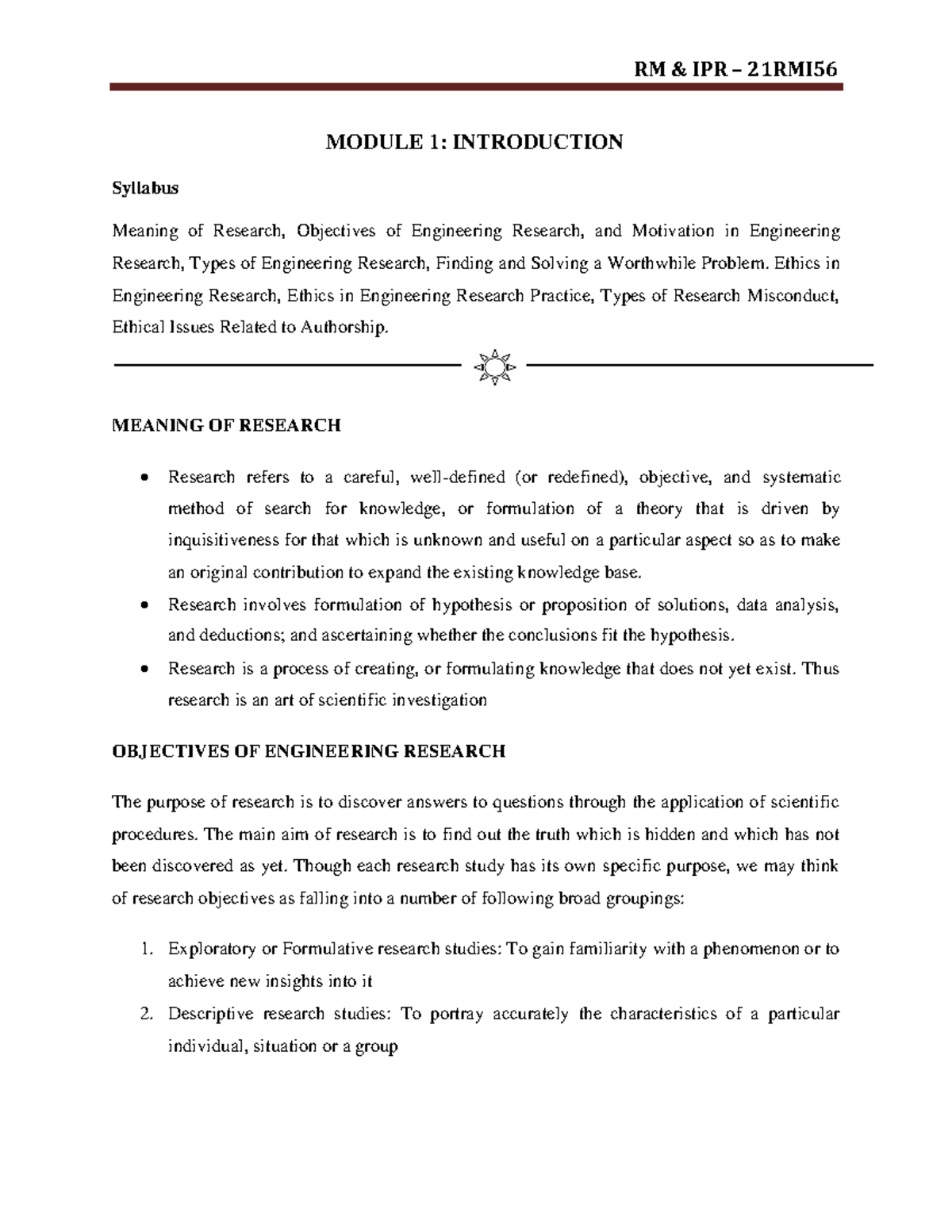 Module 1 RM 2021 scheme 5th semester N1 - MODULE 1: INTRODUCTION Syllabus Meaning of Research ...