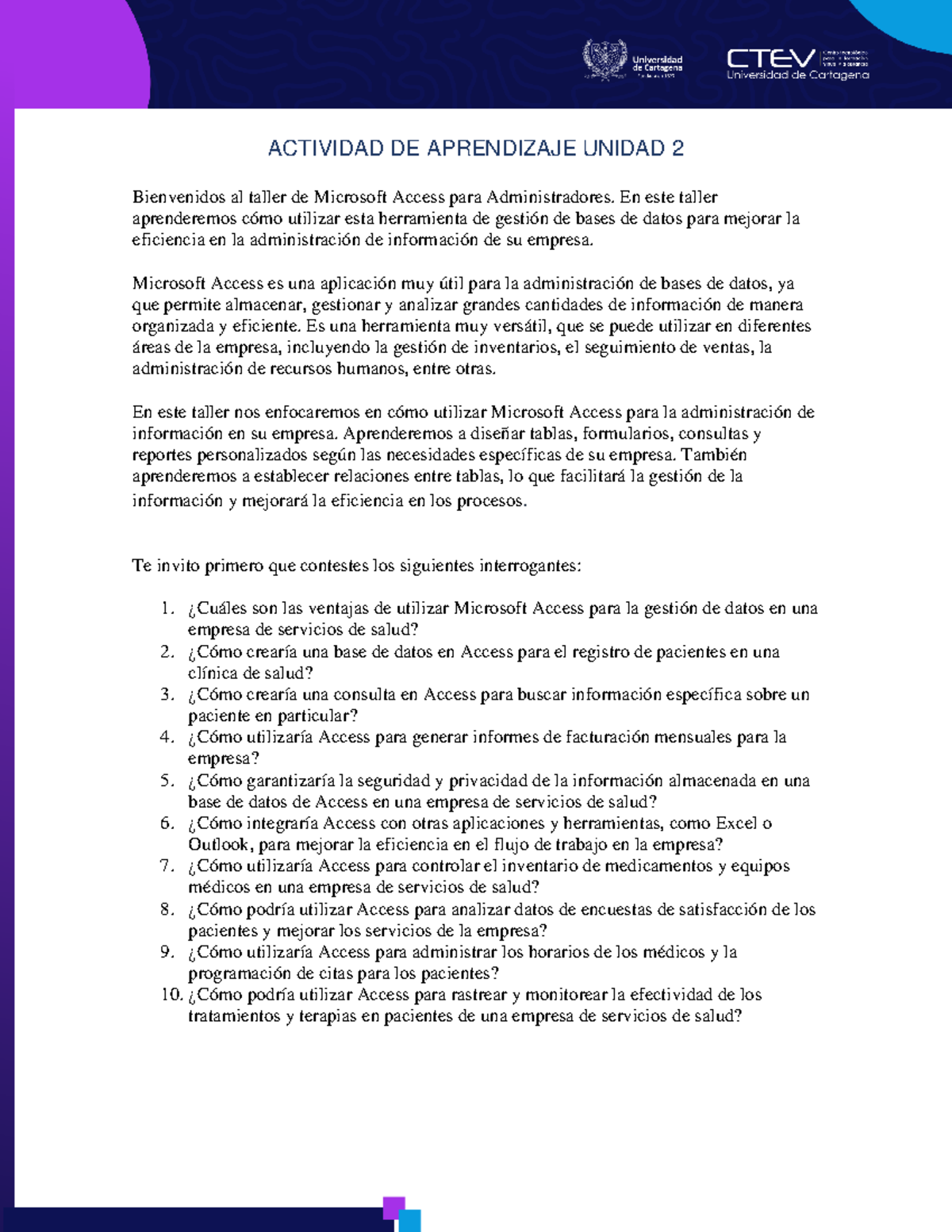Actividad DE Aprendizaje Unidad 2 Access - ACTIVIDAD DE APRENDIZAJE ...