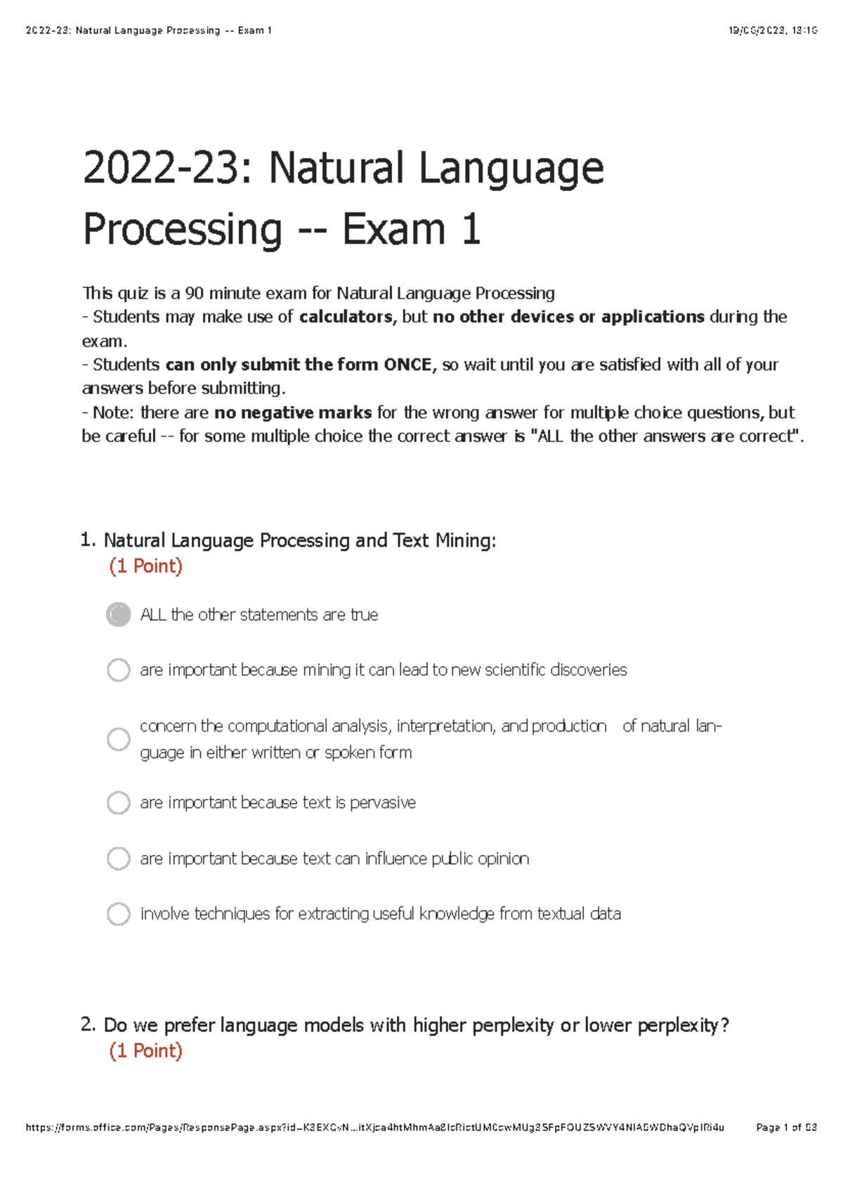2022-23 Natural Language Processing - Exam 1 final - forms.office/Pages ...
