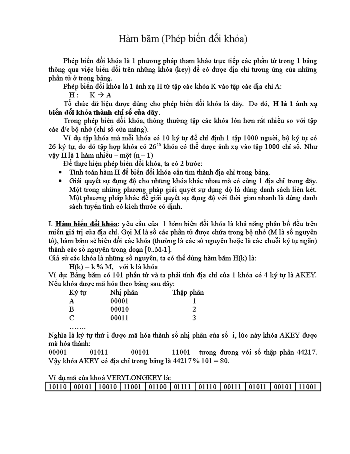 Ham Bam - cơ sở dữ liệu - Hàm băm (Phép biến đổi khóa) Phép biến đổi ...