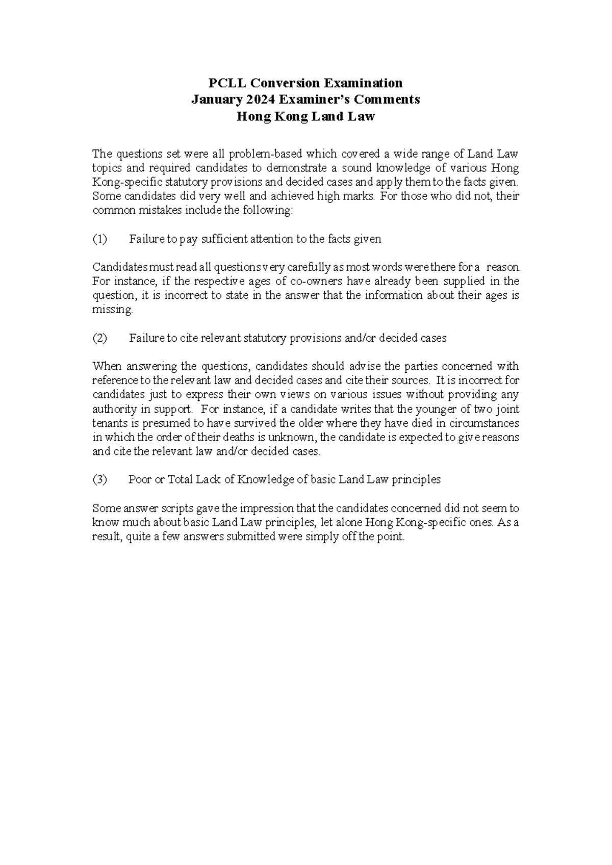 LL - Past Paper 2024 Jan Ans - PCLL Conversion Examination January 2024 ...