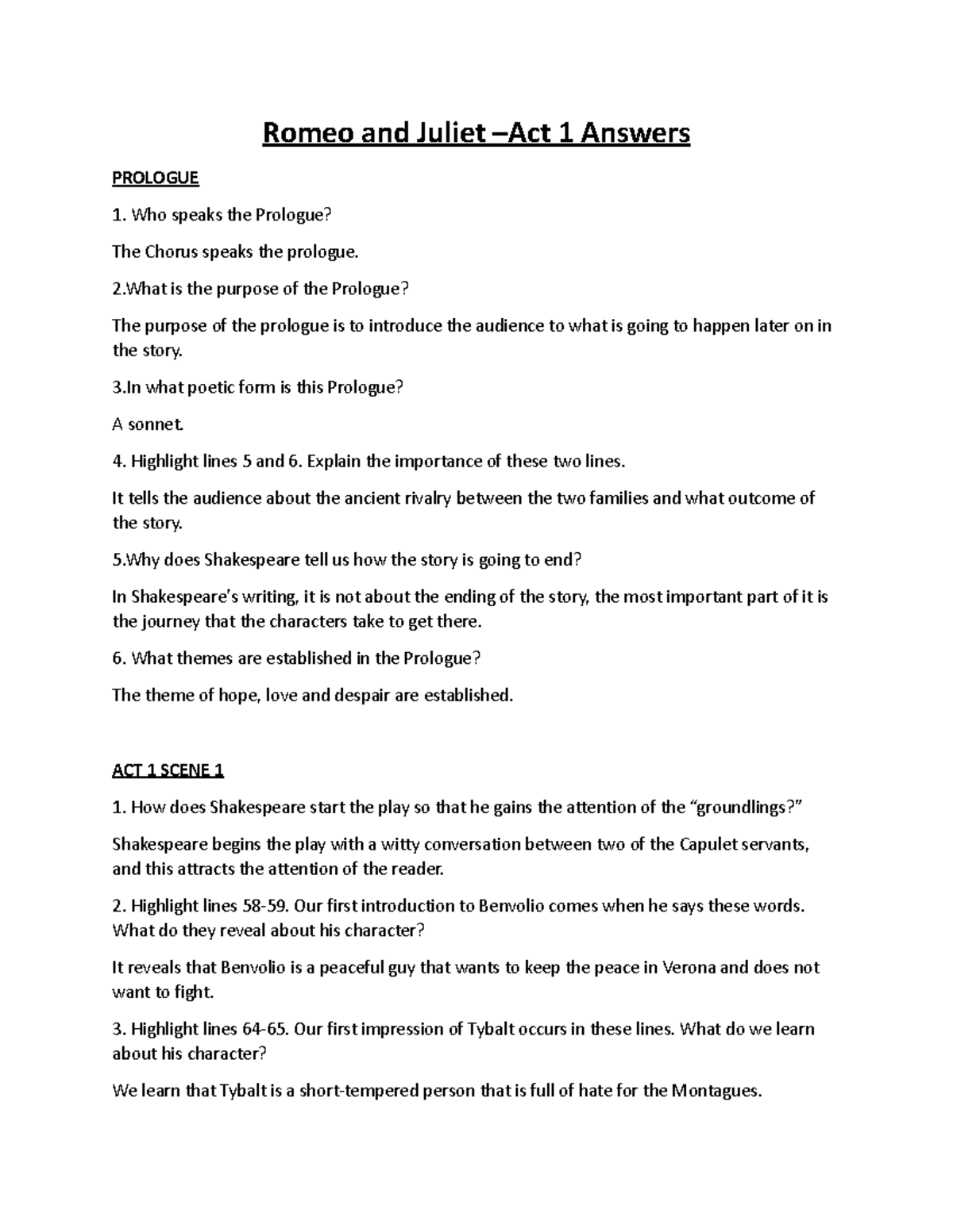 Romeo and juliet- act 1 answers - Romeo and Juliet –Act 1 Answers ...