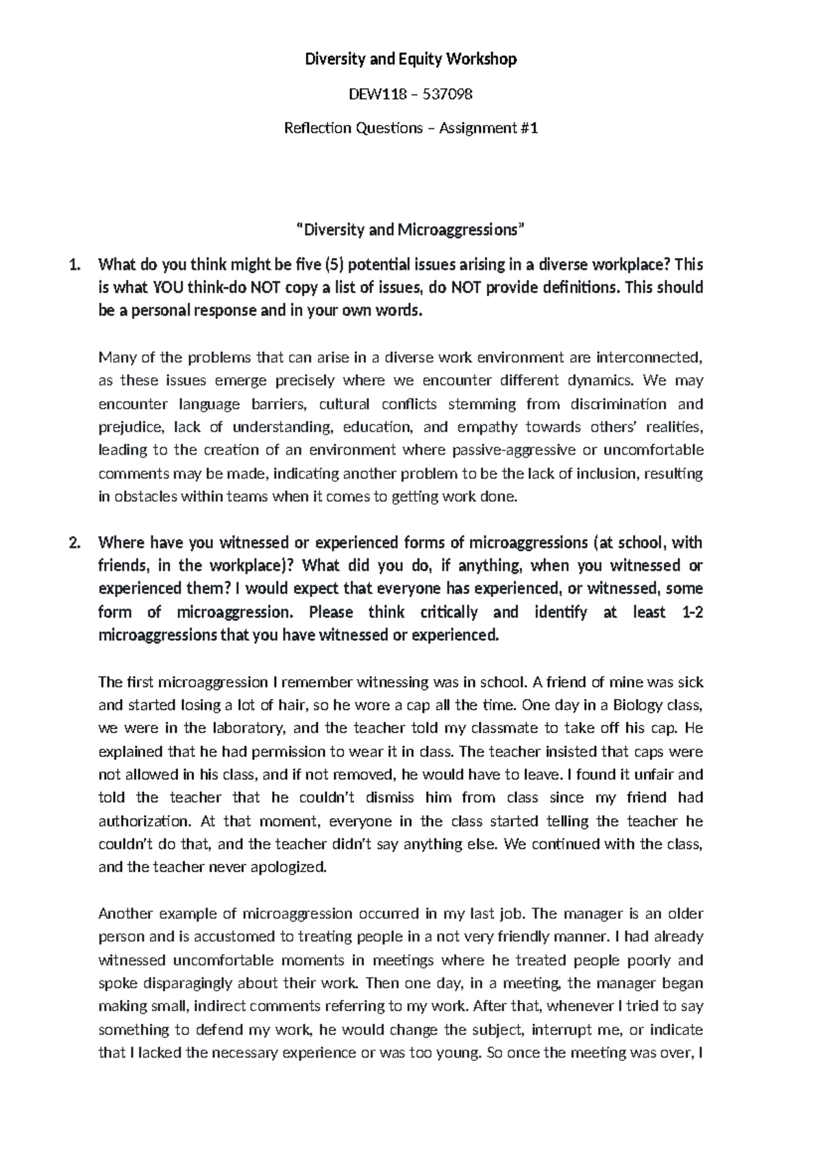 Assignment 1 - Diversity and Microaggressions - Diversity and Equity ...