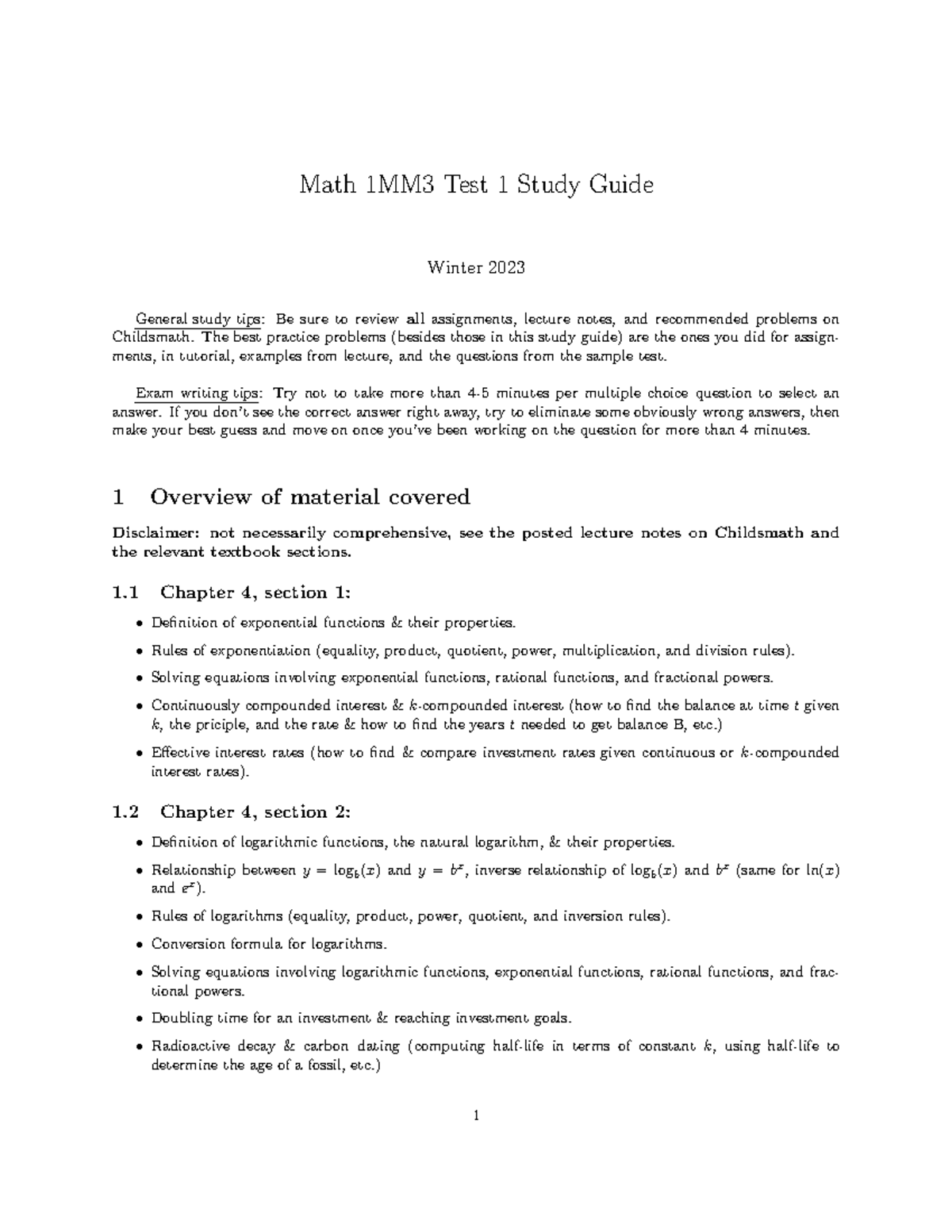 Test 1 study guide solutions - Math 1MM3 Test 1 Study Guide Winter 2023 ...