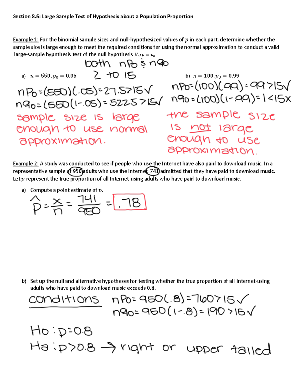8.6 notes - Section 8: Large Sample Test of Hypothesis about a ...