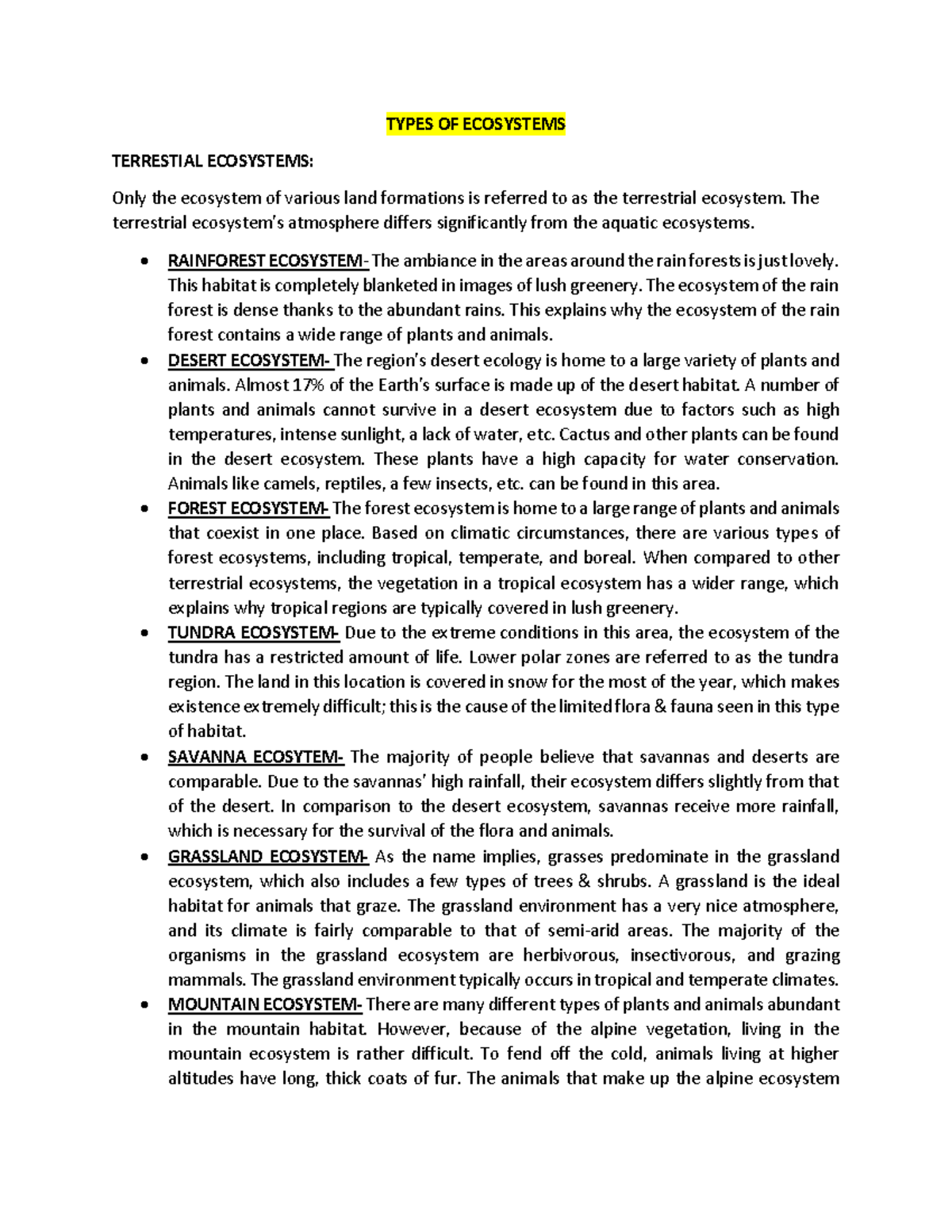 Types OF Ecosystems - TYPES OF ECOSYSTEMS TERRESTIAL ECOSYSTEMS: Only ...