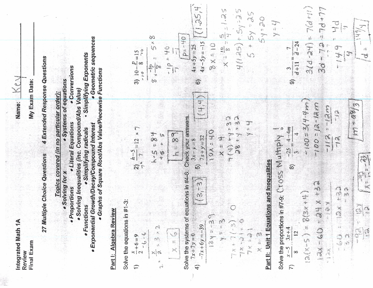 Final Review KEY - give me answers - Integrated Math 1A Review Name ...