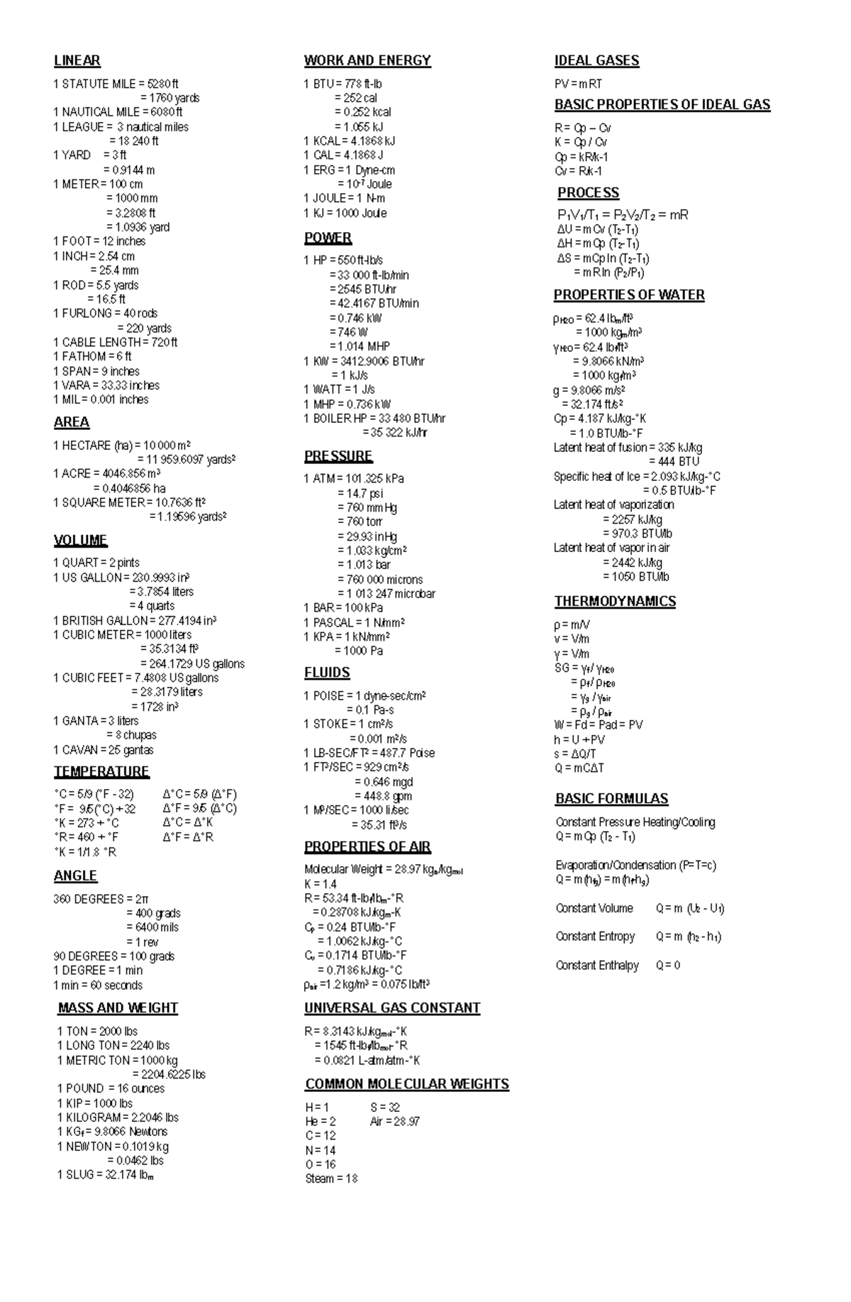 ME-Constants - machine design - LINEAR 1 STATUTE MILE = 5280 ft = 1760 ...