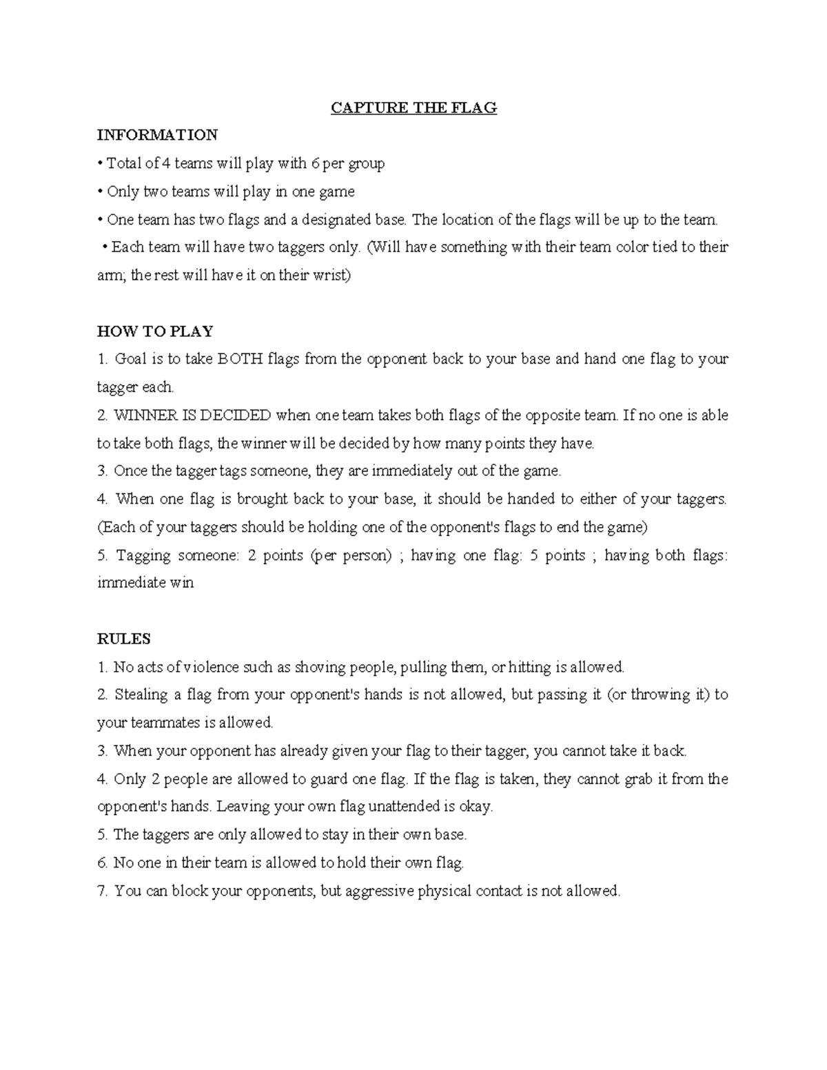 Example OF A GAME PLAN - CAPTURE THE FLAG INFORMATION Total of 4 teams ...