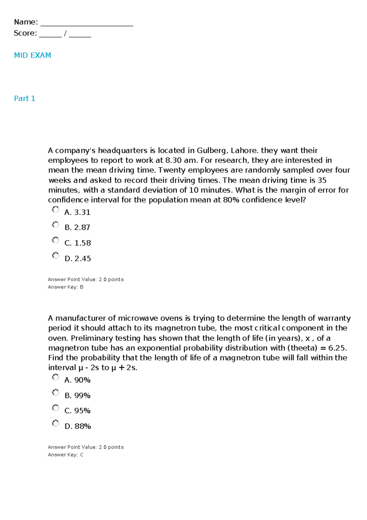 Mid Spring 2020 - Mid exam - Name: _________________________ Score ...