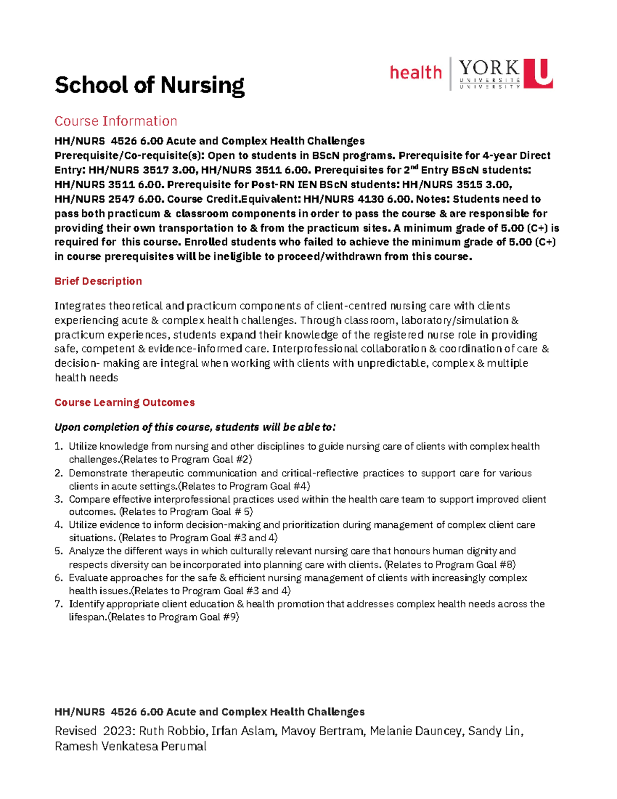 Course Outline - School of Nursing Course Information HH/NURS 4526 6 ...