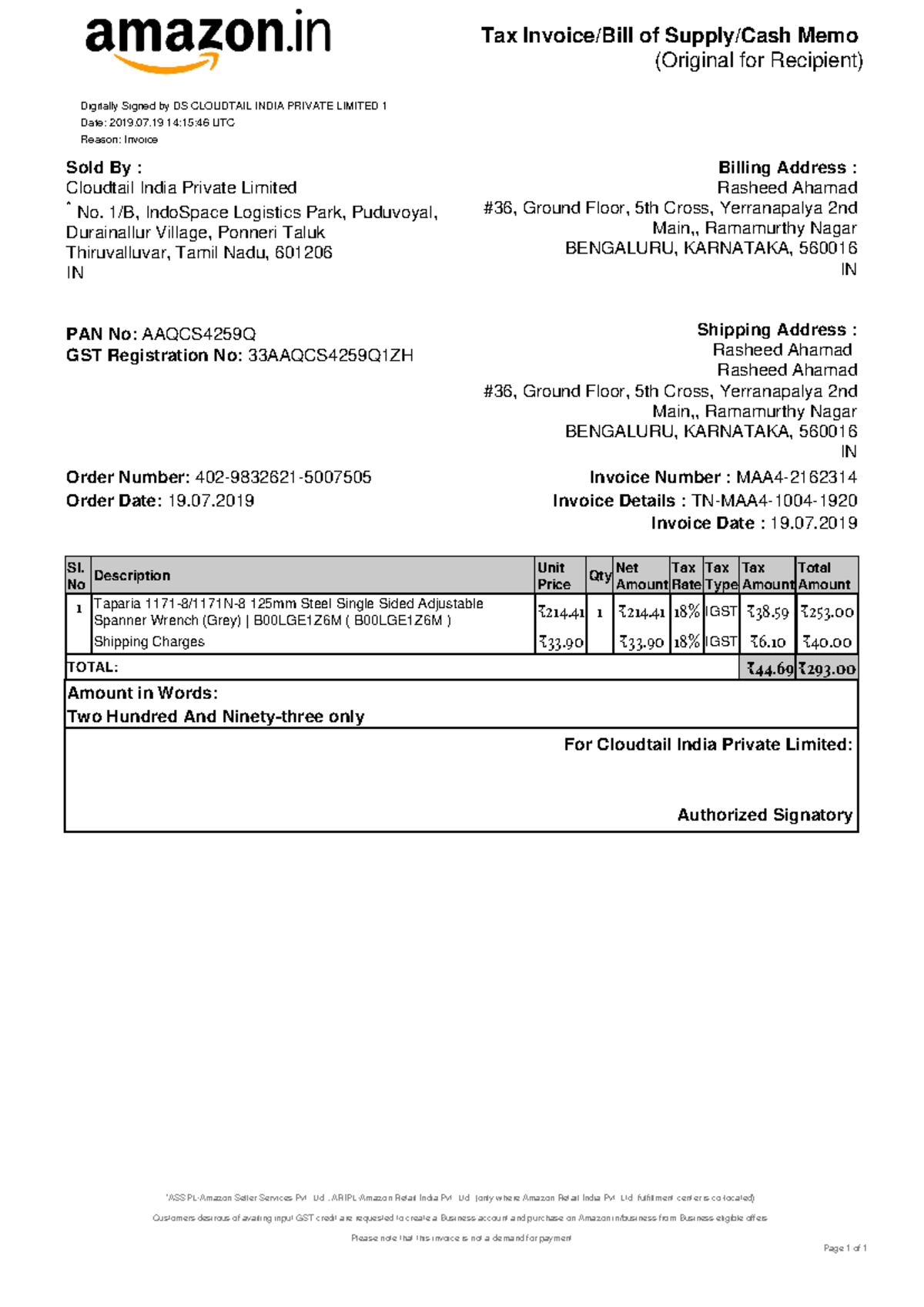 Invoice - Tax Invoice/Bill of Supply/Cash Memo (Original for Recipient ...