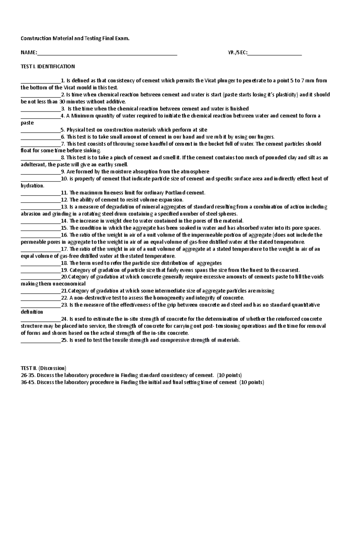 construction material testing final exam - Civil Engineering - Studocu