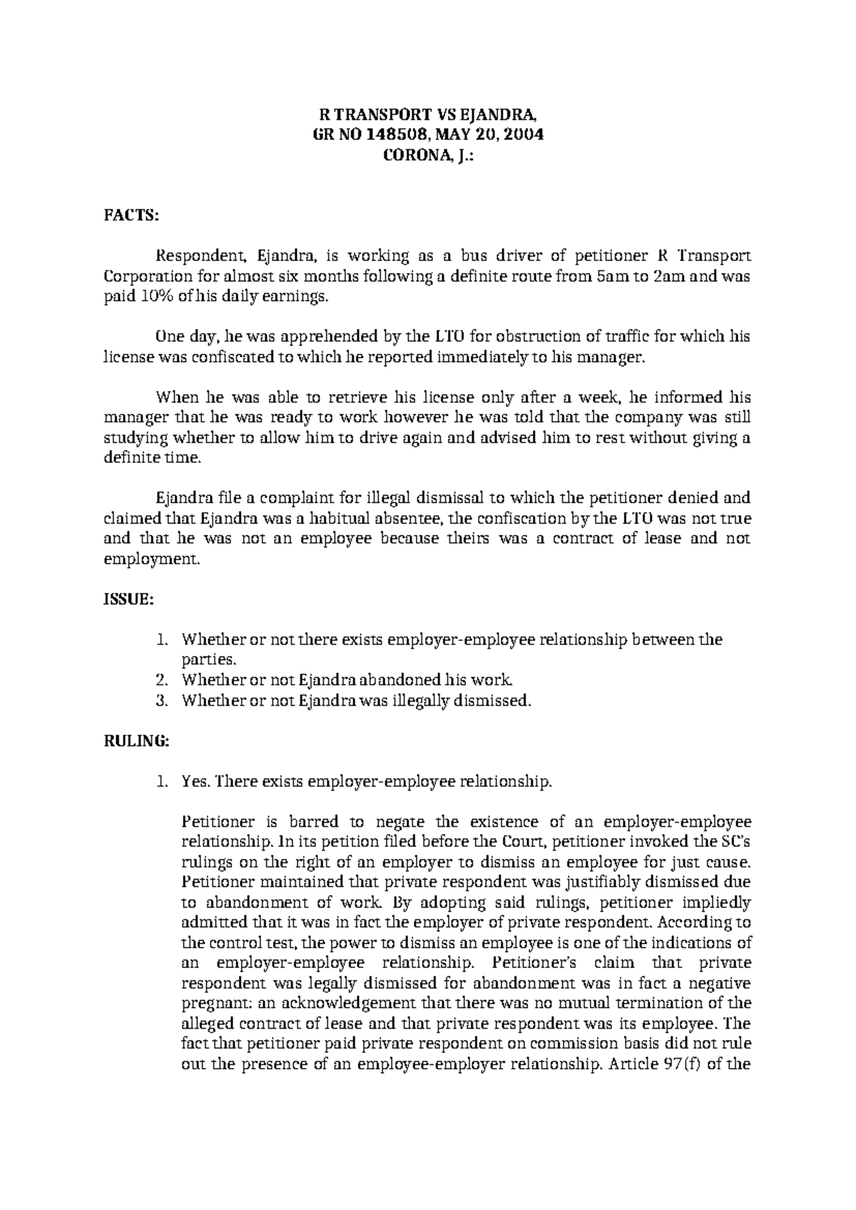 Labor Cases 6 8 - R TRANSPORT VS EJANDRA, GR NO 148508, MAY 20, 2004 ...
