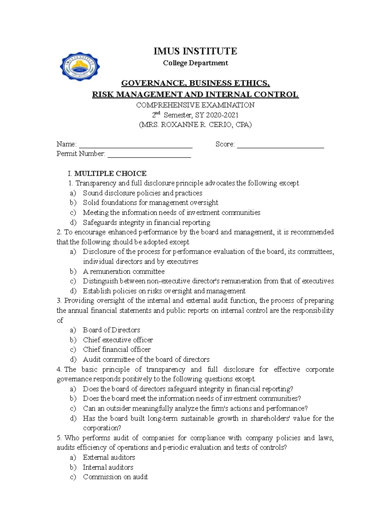 Corp Gov Comprehensive Exam - IMUS INSTITUTE College Department ...