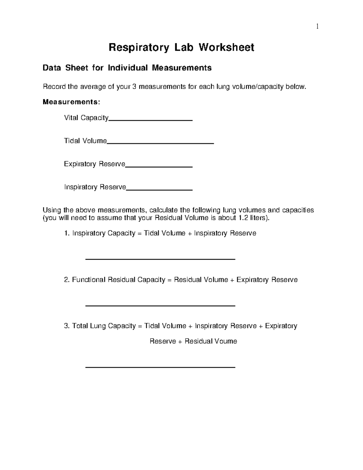 Respiratory Lab Worksheet - Measurements: Vital Capacity Tidal Volume ...