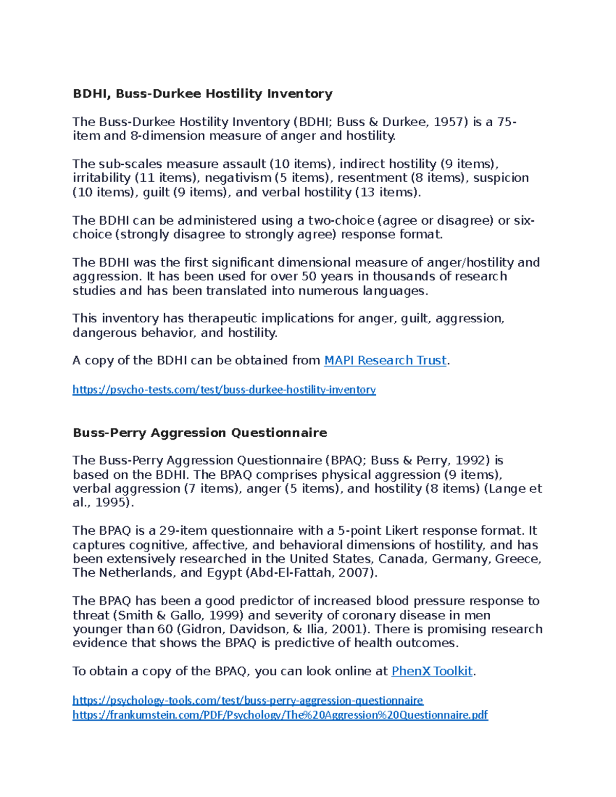 BDHI - Testing procedures - BDHI, Buss-Durkee Hostility Inventory The ...