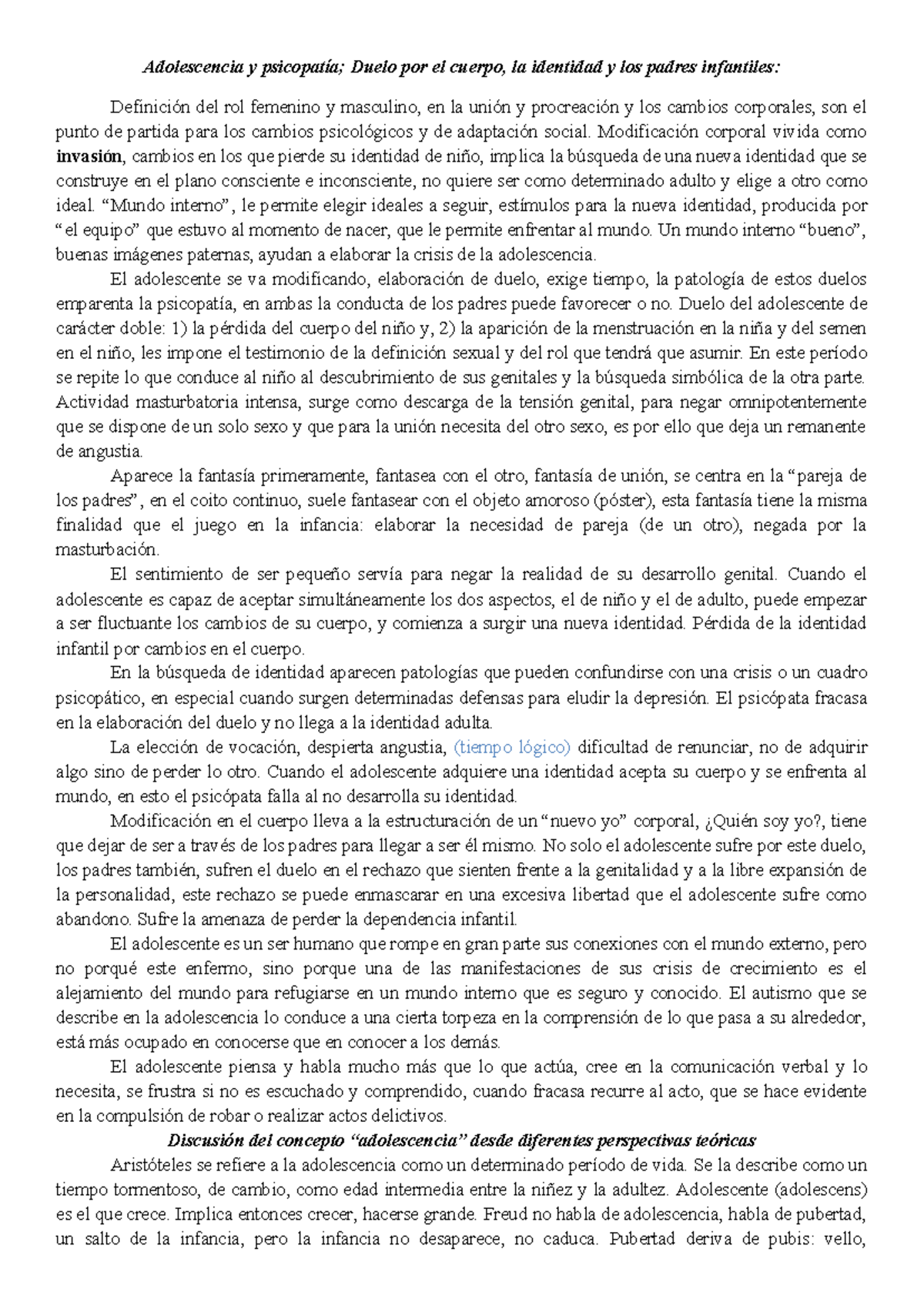 Psicología resumen parcial 2 - Adolescencia y psicopatía; Duelo por el ...