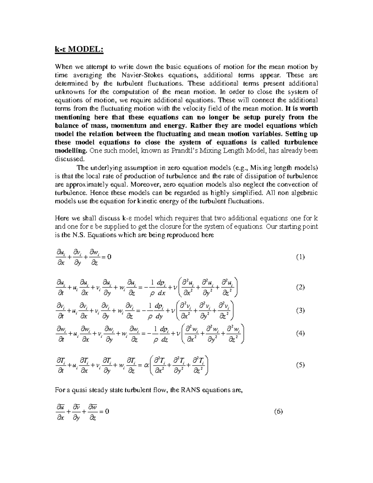 K-e Model - k-ε MODEL: When we attempt to write down the basic ...