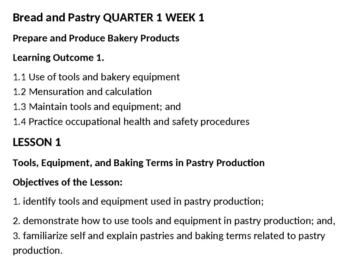 Bread and Pastry lesson 1 - Bread and Pastry QUARTER 1 WEEK 1 Prepare ...