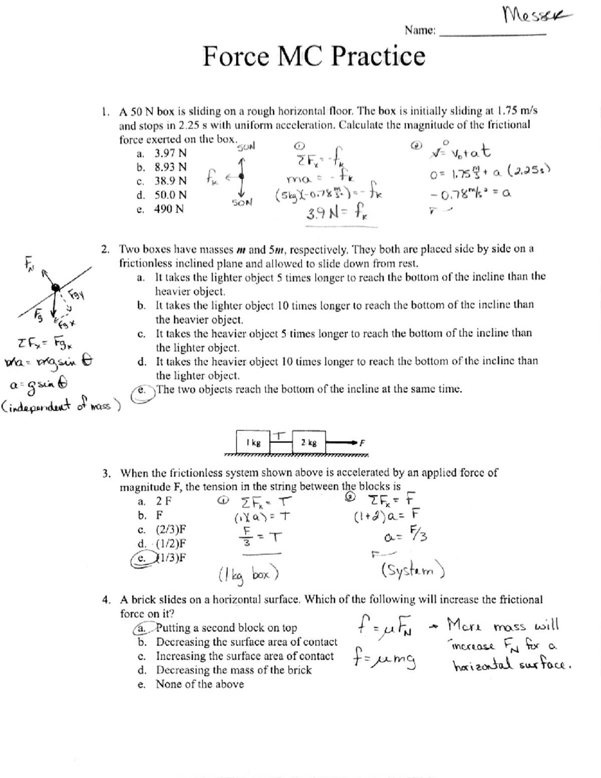 03 Force MC Practice KEY - Messer Name: Force MC Practice 1. A 50 N box ...