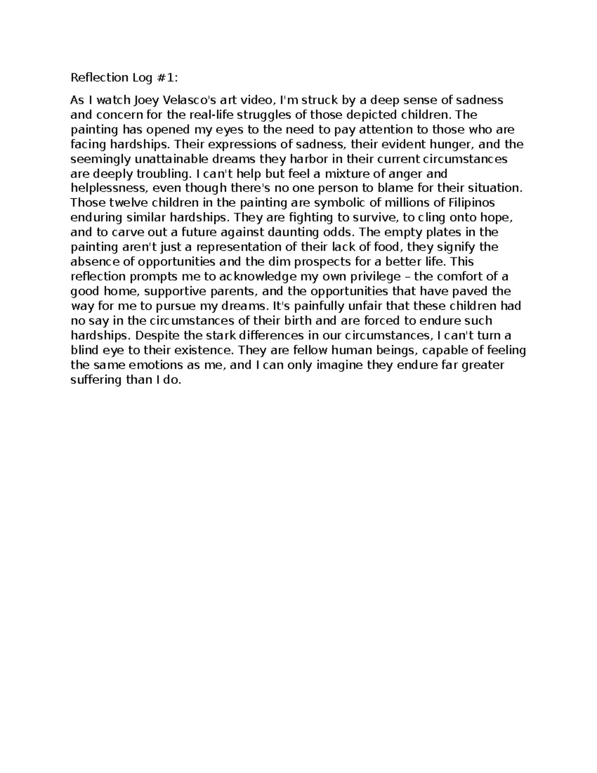 Reflection Log Joey velasco - Reflection Log #1: As I watch Joey ...